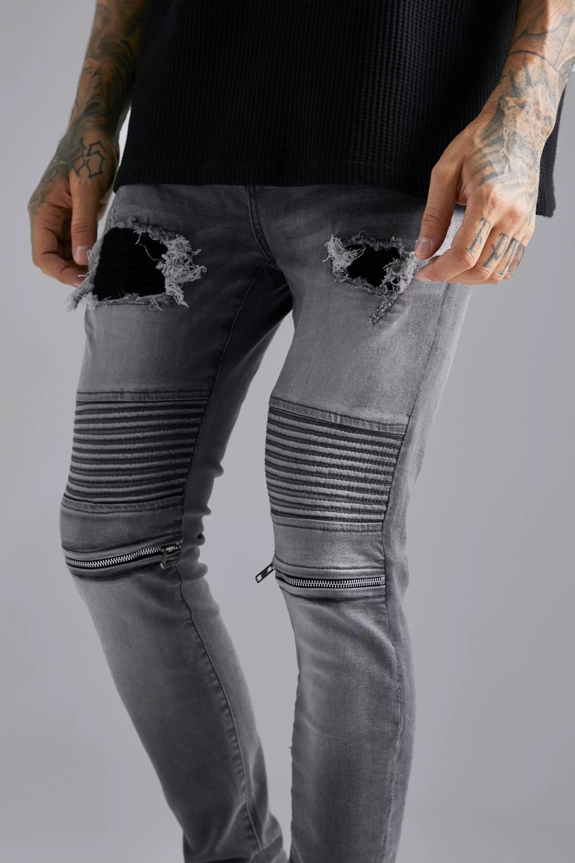 Skinny Stretch Ripped Biker Jeans With Zips boohooMAN USA